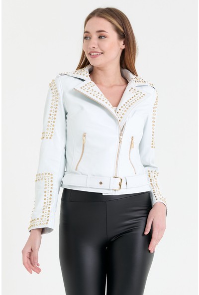 Nero Leather - Gold Zımba Detaylı Deri Ceket (Slim Fit)