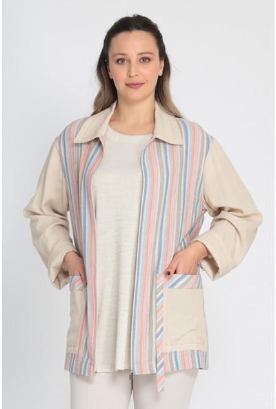 Sedna Kadın Büyük Beden Fermuarlı Çizgili Tunik 4683003 Mavi