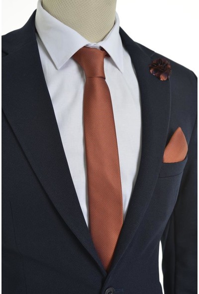 Brianze Kiremit Kravat Mendil Yaka Çiçeği Set