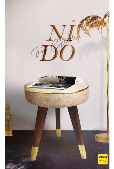 Zerm Zem Nido Cream Gold Masif Ahşap Ayaklı Puf L6002 Zerm Zem Nido Cream Gold Masif Ahşap Ayaklı Puf L6002