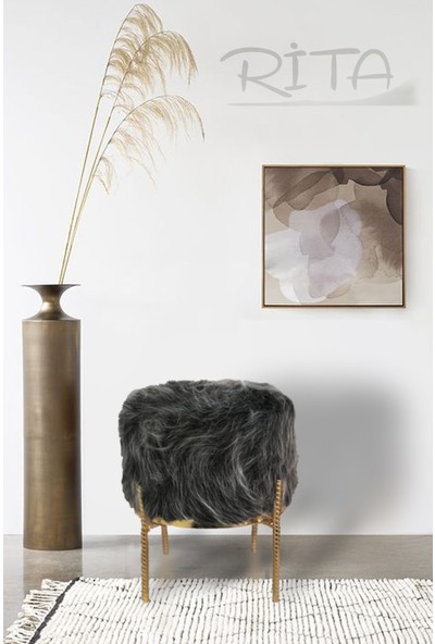 Zem Rita Gri Peluş Gold Metal Ayaklı Puf