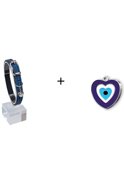 The Passage Çelik Kaplama Nazar Boncuklu Künye + Lacivert Desenli Kedi Tasması 30 cm