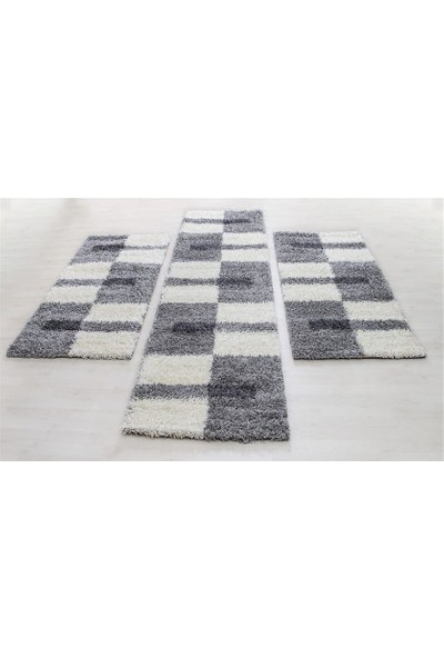 Ayyıldız Yolluk Set 3 Lü Yatak Odası Takımı Desenli Shaggy Halı Gri Krem