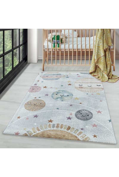 Pixel Çocuk Bebek odası Uzay Dünya Güneş Gezegen temalı Beyaz Halı