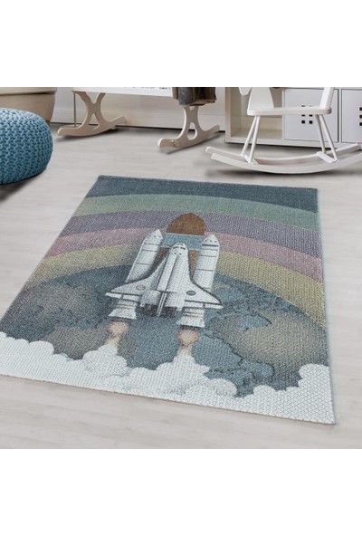 Pixel Çocuk Bebek odası Uzak Mekiği Roket Dünya temalı Mavi Gri Halı
