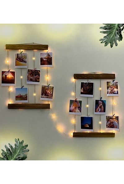 Webotto Işıklı Mandallı Ipli 2li Fotoğraf Askısı Ahşap Pano