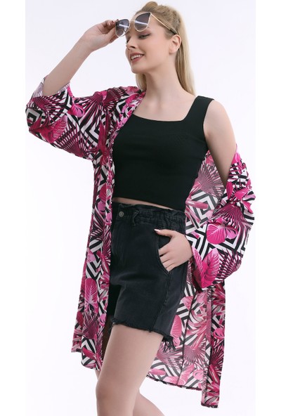 Dnz Kadın Fuşya Pembe Yaprak Desenli Uzun Kimono Dnz Kadın Fuşya Pembe Yaprak Desenli Uzun Kimono