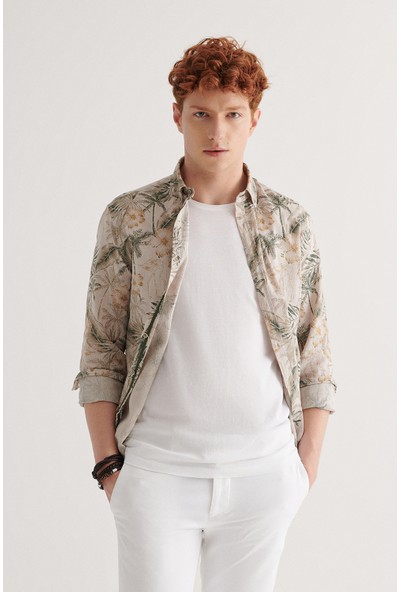 Avva Erkek Bej Baskılı Düğmeli Yaka Comfort Fit Keten Gömlek A11Y2048