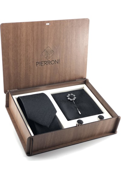 Pierroni Siyah Kravat 4'lü Özel Kombin Ahşap Kutulu Set