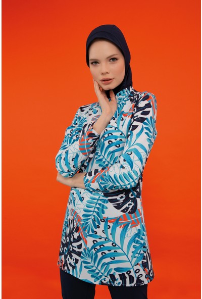 Remsa Mayo Likralı Tam Kapalı Desenli Mercan Tesettür Mayo