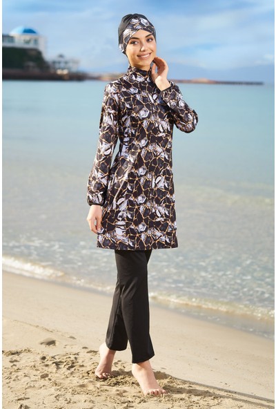 Estiva Likralı Tam Kapalı Tesettür Mayo Mermer Desenli 2042-Y Siyah
