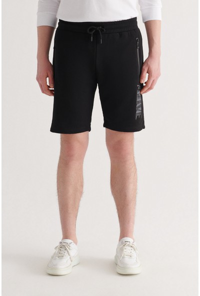 Avva Erkek Siyah Yandan Su Geçirmez Fermuarlı Cepli Beli Lastikli Kordonlu Baskılı Örme Şort A11Y3622