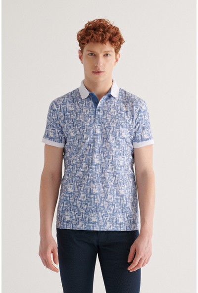 Avva Erkek Mavi Polo Yaka Baskılı T-Shirt A11Y1134