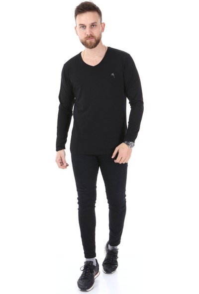 Ymz Moda Uzun Kol V Yaka T-Shirt- Siyah