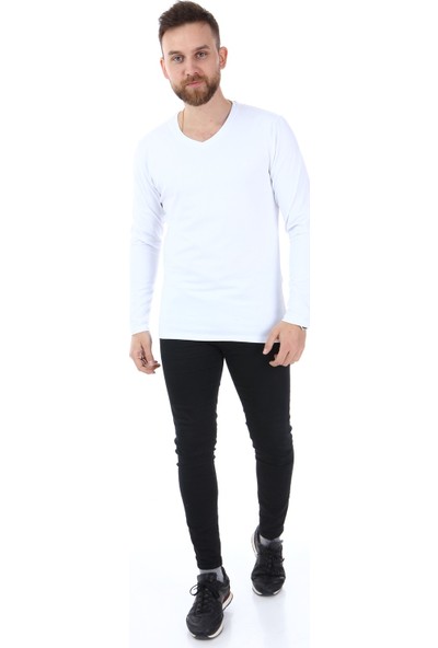 Ymz Moda Uzun Kol V Yaka T-Shirt- Beyaz