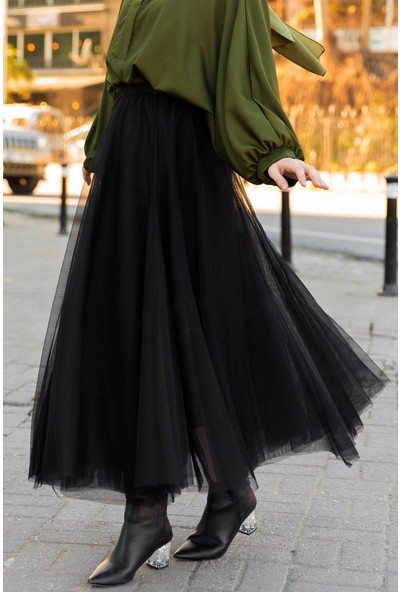 Mapel Beli Lastikli Tül Siyah Etek