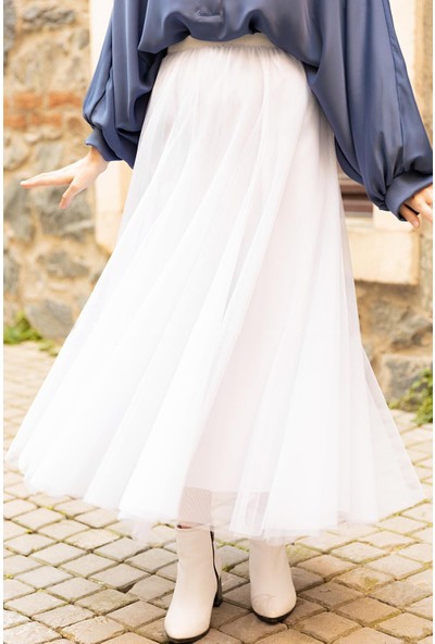 Mapel Beli Lastikli Tül Beyaz Etek