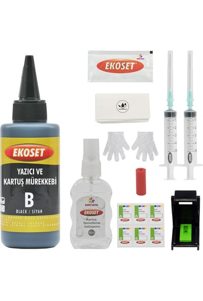 Ekoset Hp Uyumlu Siyah Kartuş Dolum Seti Tüm Modeller Için 20 Dolumluk 100ML Ekoset Hp Uyumlu Siyah Kartuş Dolum Seti Tüm Modeller Için 20 Dolumluk 100ML