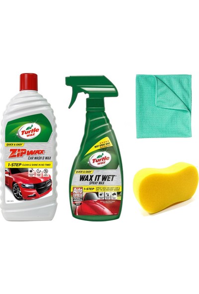 Turtle Wax Hızlı Cila 500 ml + Zip Wax Cilalı Oto Yıkama Şampuanı 1 L + Yıkama Süngeri + Bez
