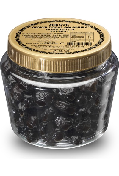 Ariste Gemlik Doğal Salamura Siyah Zeytin 650 gr Ariste Gemlik Doğal Salamura Siyah Zeytin 650 gr