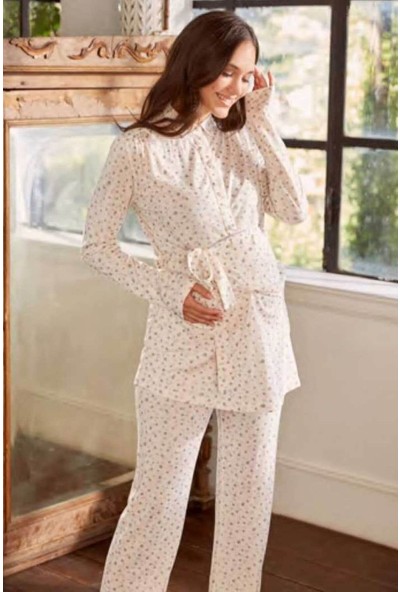Eros Kadın Ekru Puanlı Uzun Kol Lohusa Pijama Takımı -ESK27640
