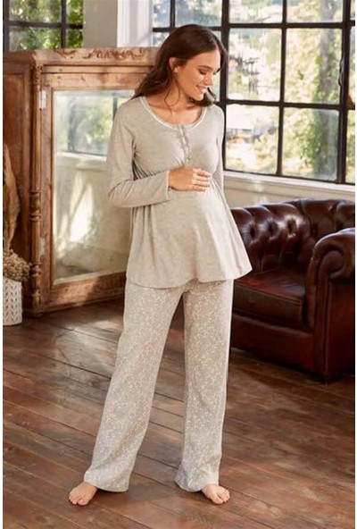 Eros Kadın Gri Melanj Uzun Kol Lohusa Pijama Takımı -ESK27650