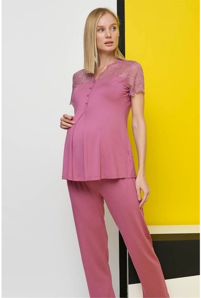 Monamise Kadın Gül Kurusu Hamile Lohusa Kısa Kollu Pijama Takım 21072