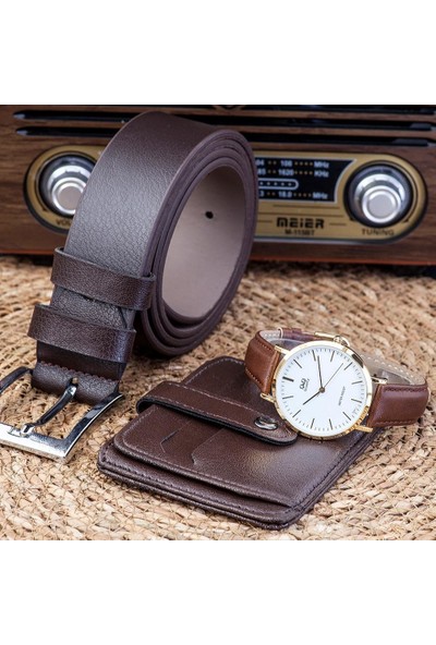 Q&q Deri Kordon Erkek Kol Saati+Kemer Kartlık Set