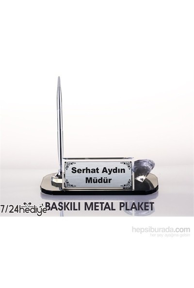 7/24 Hediye Gümüş Renk Kristal Masa İsimliği - Kalem ve Saatli 7/24 Hediye Gümüş Renk Kristal Masa İsimliği - Kalem ve Saatli