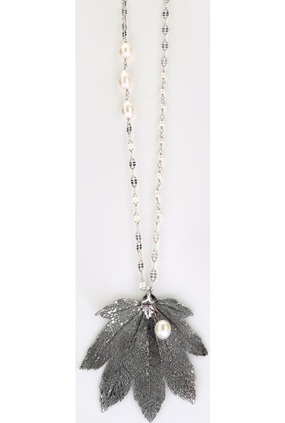 Sufi Design, Has Gümüş Kaplama Büyük Boy Gerçek Yaprak, Gümüş İncili Kolye Hbr3263