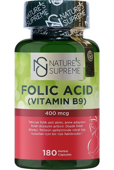 Nature's Supreme Folic Acid 400 Mcg 180 Kapsül Nature's Supreme Folic Acid 400 Mcg 180 Kapsül