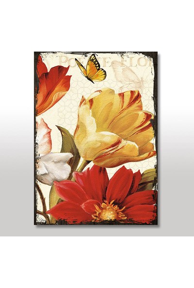 Cakasepetim Ahşap Tablo Yağlı Boya Çiçek Kelebek