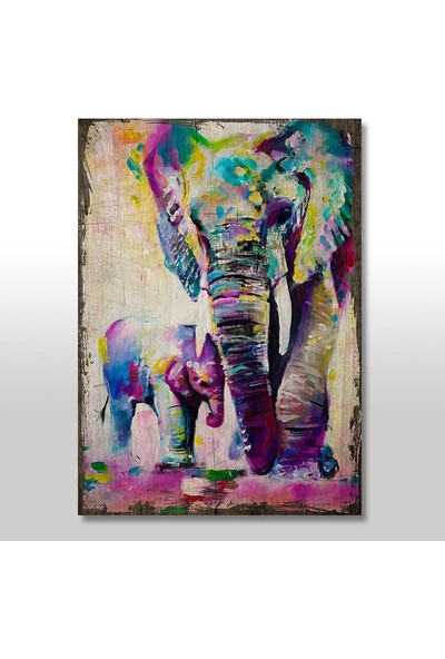 Cakasepetim Ahşap Tablo Yağlı Boya Fil ve Yavrusu