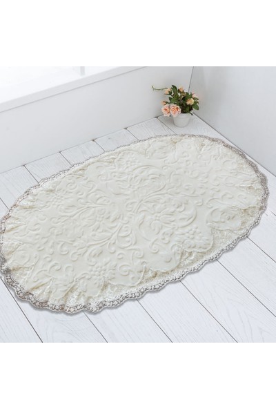 Liviadora Fransız Dantelli Çeyizlik Oval Banyo Halısı Krem