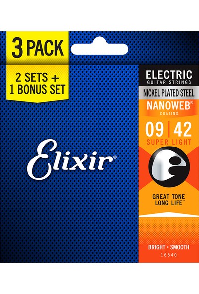 Elixir 009-042 Nanoweb 3'lü Paket Elektro Gitar Teli Elixir 009-042 Nanoweb 3'lü Paket Elektro Gitar Teli