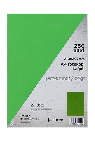 Umur A4 Renkli Fotokopi Kagidi 80 g 250'li Paket Renk - Yesil