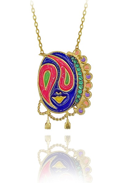 Takı Boom Yeşil Taşlı Renkli Mineli Sallantılı Maske Gümüş Kolye