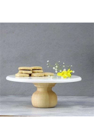 Akayev Mermer 28 cm Ahşap Ayaklı Beyaz Yuvarlak Sunum Tabağı