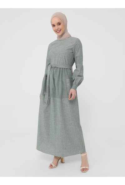 Refka Doğal Kumaşlı Çizgili Elbise - Zümrüt Yeşili - Refka Casual