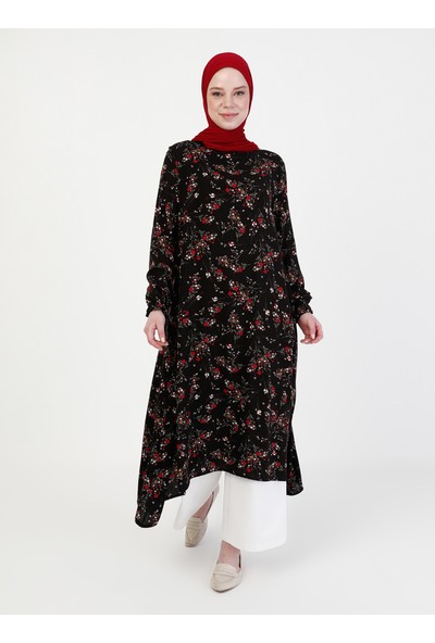 Zenane Çiçek Desenli Tunik - Siyah - Zenane