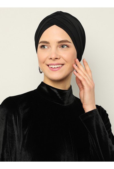 Mervin Şal Çapraz Üç Bantlı Hazır Türban - Siyah -1 - Mervin Şal