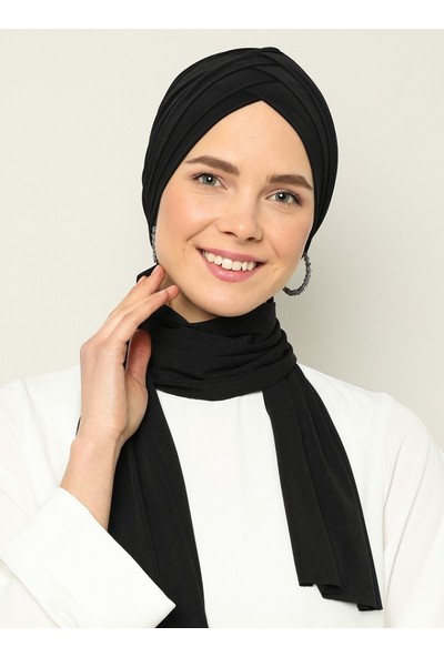 Mervin Şal Çıkarılabilir Boyun Şallı Üç Bantlı Hazır Türban - Siyah - Mervin Şal
