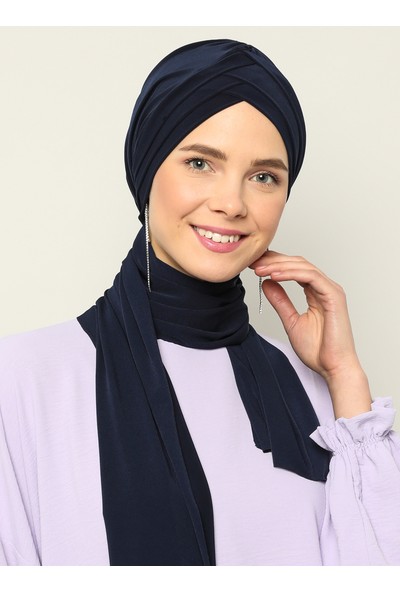 Mervin Şal Çıkarılabilir Boyun Şallı Üç Bantlı Hazır Türban - Lacivert - 2 - Mervin Şal