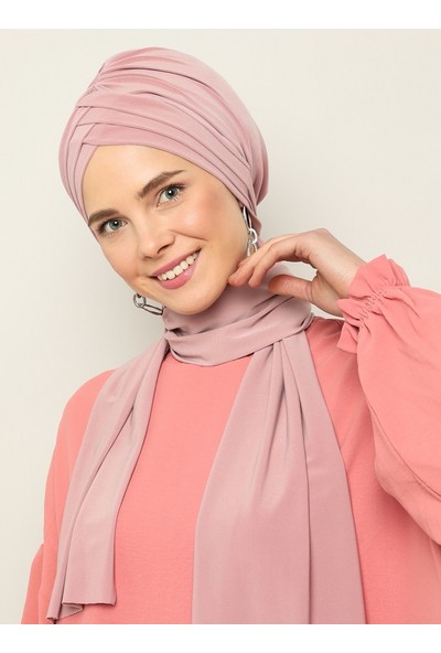 Mervin Şal Çıkarılabilir Boyun Şallı Üç Bantlı Hazır Türban - Pudra - 49 - Mervin Şal