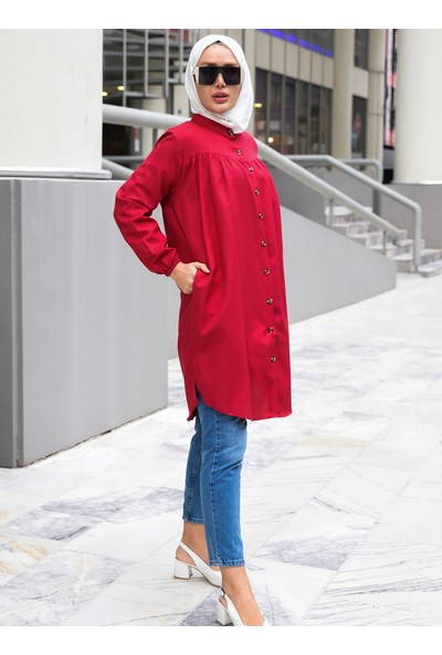 Por La Cara Yandan Cepli Düğmeli Tunik - Bordo - Por La Cara