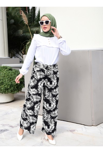 Por La Cara Beli Lastikli Desenli Salaş Pantolon - Siyah - Por La Cara Por La Cara Beli Lastikli Desenli Salaş Pantolon - Siyah - Por La Cara