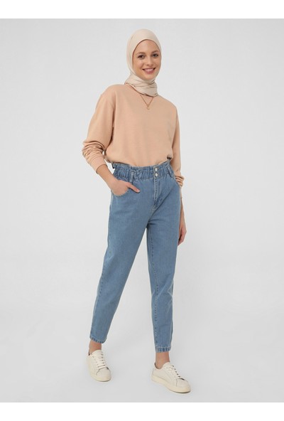 Benin Beli Lastikli Rahat Havuç Denim Pantolon - Mavi - Benin
