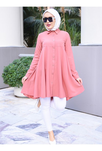 Por La Cara Önden Düğmeli Çan Etek Gömlek Tunik - Gül Kurusu - Por La Cara