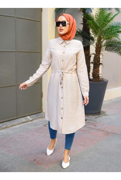 Por La Cara Belinden Bağcıklı Gömlek Tunik - Taş - Por La Cara