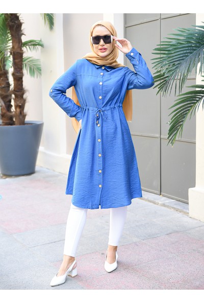 Por La Cara Belinden Bağcıklı Gömlek Tunik - Indigo - Por La Cara